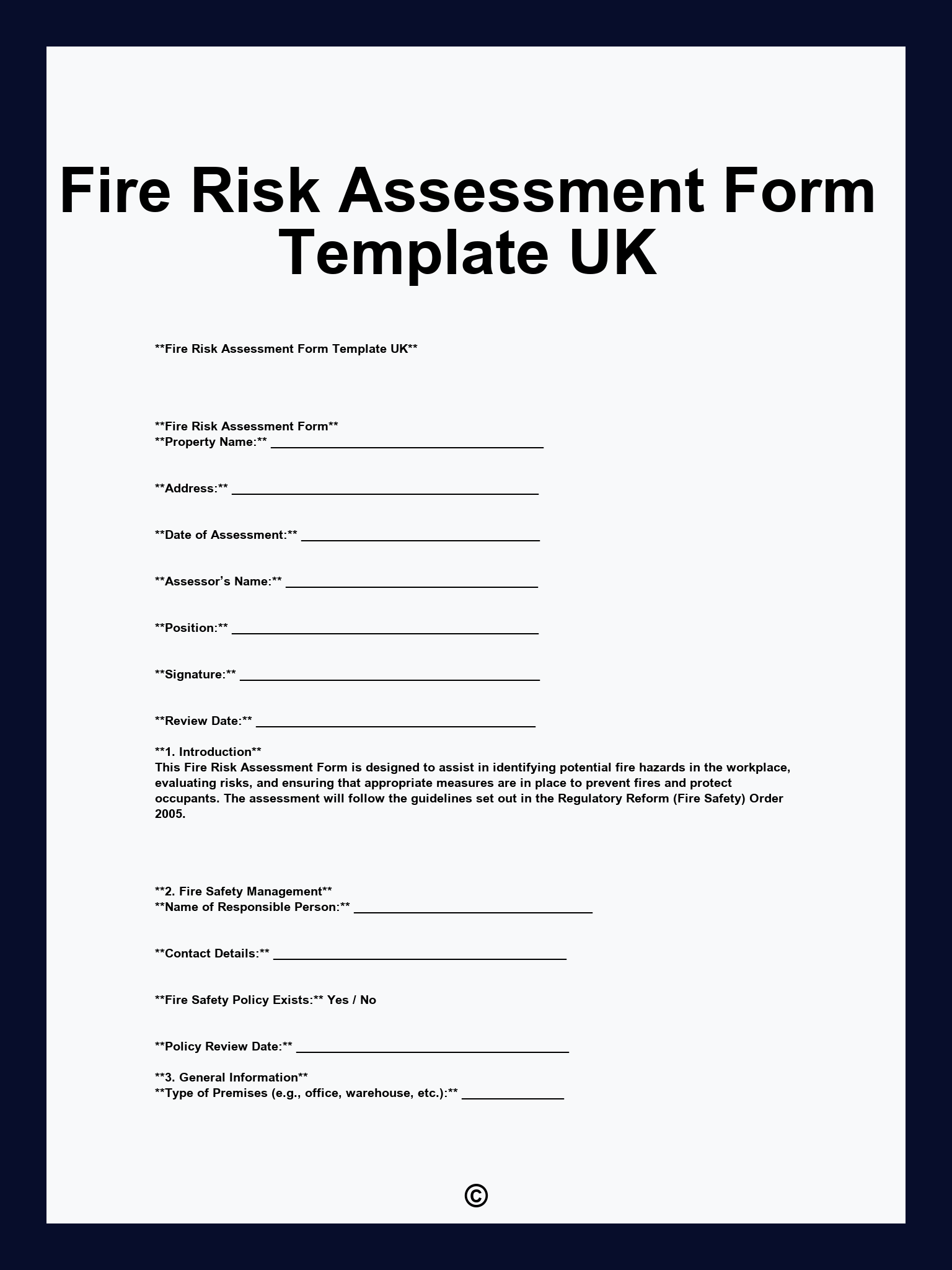 Fire Risk Assessment Form Template UK